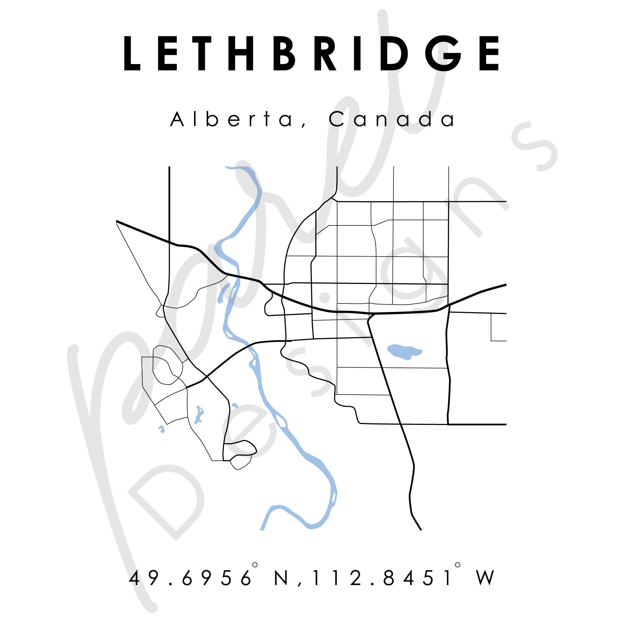 Lethbridge AB Map | Lethbridge Alberta Digital Map | Minimalistic ...