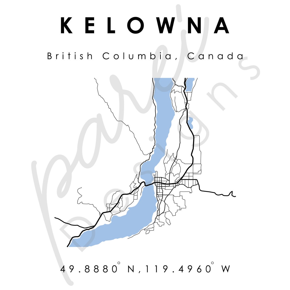 Kelowna BC Map | Kelowna British Columbia Digital Map | Minimalistic ...