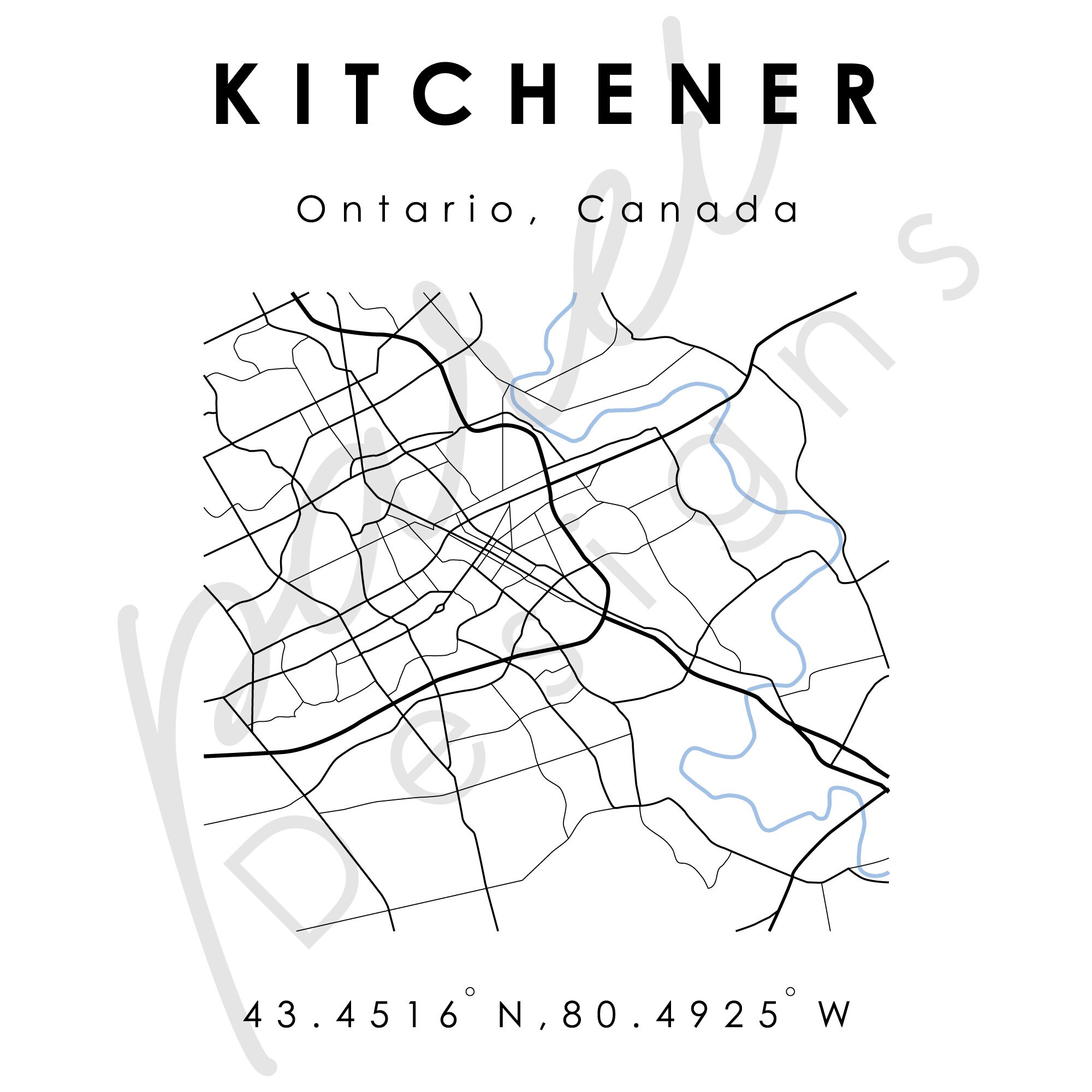 Kitchener ON Map | Kitchener Ontario Digital Map | Minimalistic Digital ...