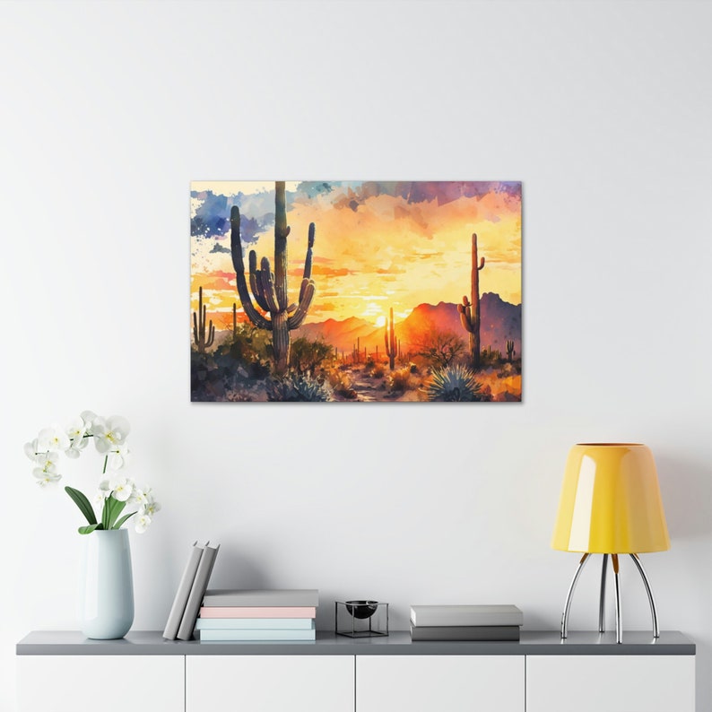 Saguaro Desert Sunset Watercolor Print on Canvas Arizona - Etsy