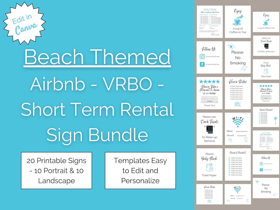 Vacation Rental Signs PRINTABLE BUNDLE Blue Beach House Theme Minimal ...