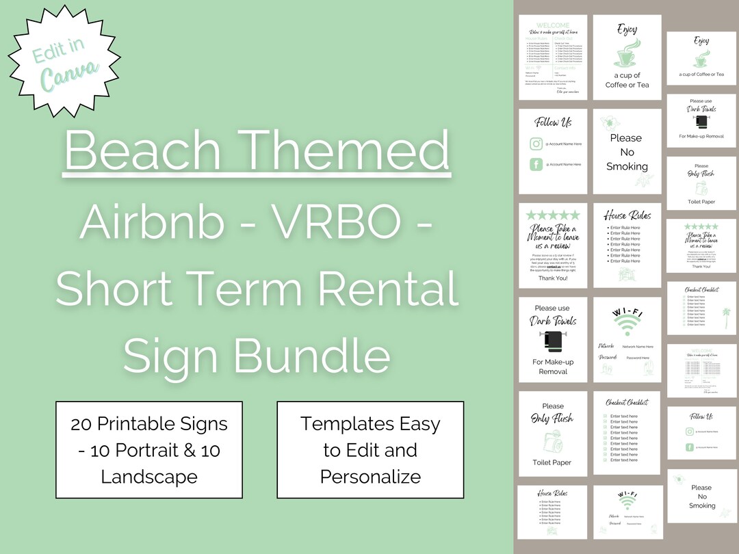 Vacation Rental Signs PRINTABLE BUNDLE Fresh Green Modern Signage House ...