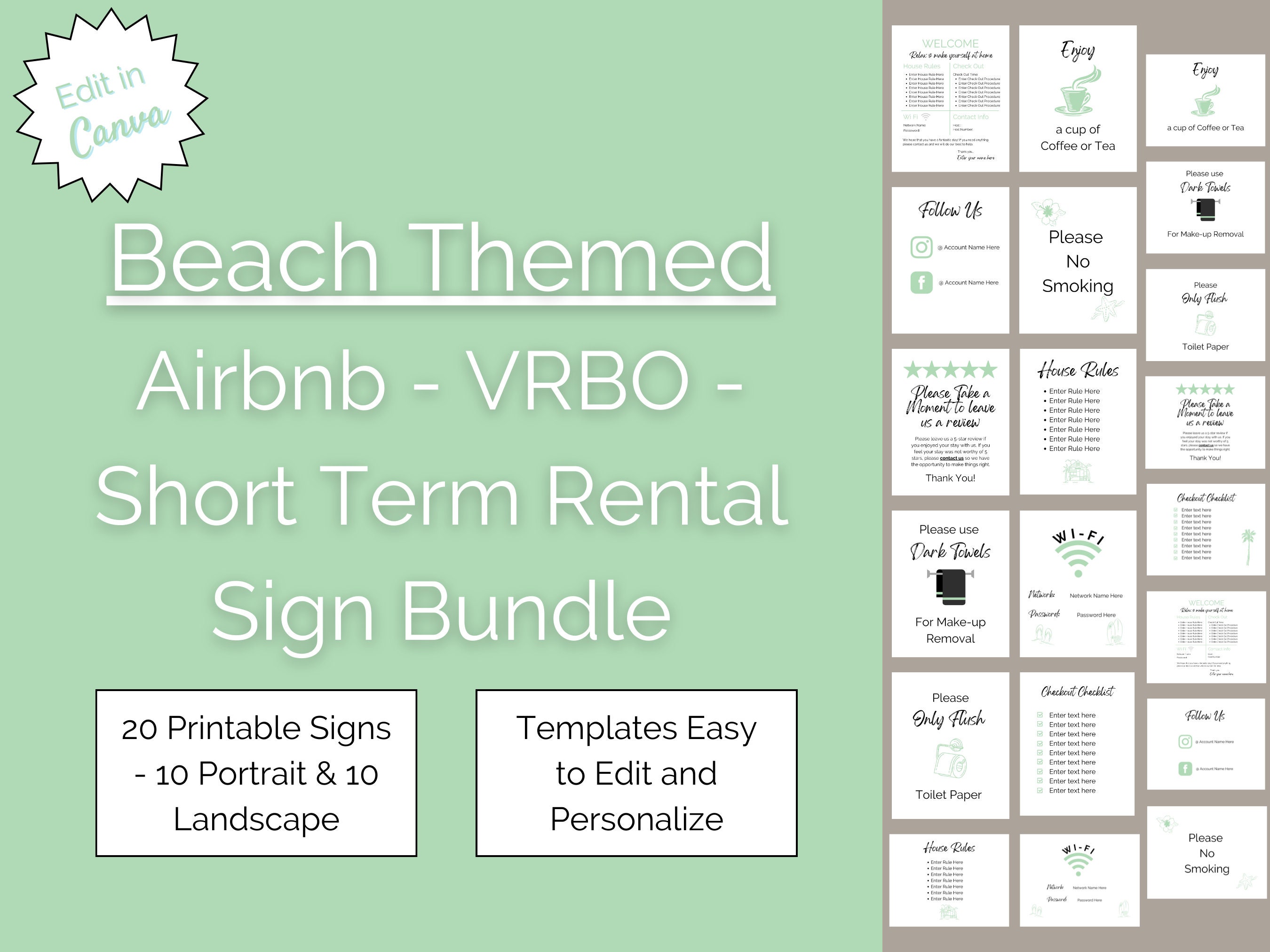 Vacation Rental Signs PRINTABLE BUNDLE Fresh Green Modern Signage House ...
