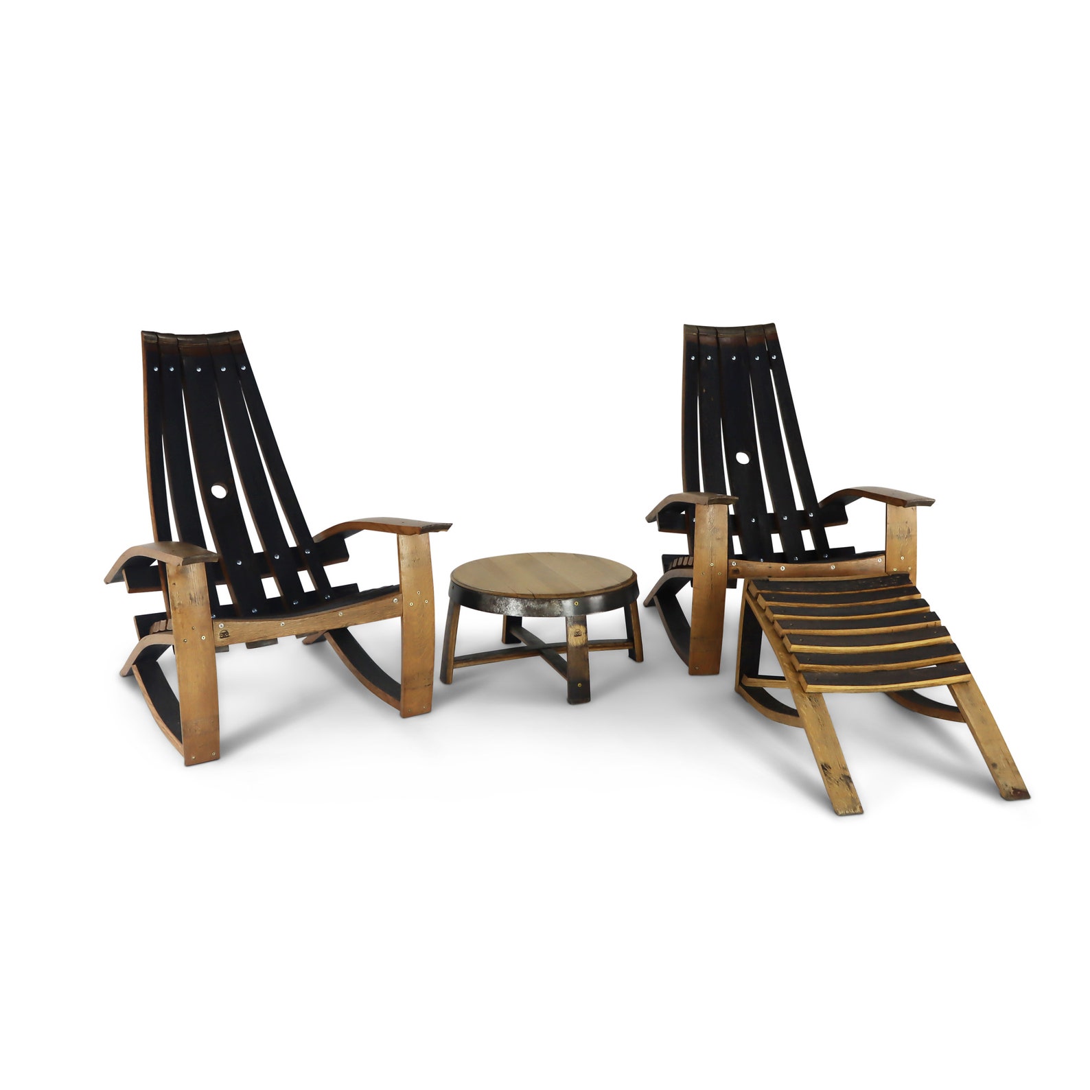 Barrel Adirondack Chair Set With Table and Footrests - Ships Fully ...