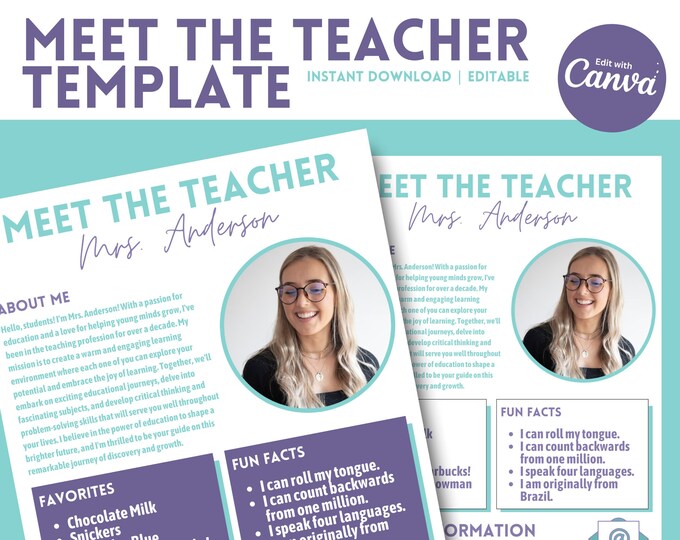 Purple and Teal Meet the Teacher Template,editable Meet the Teacher ...