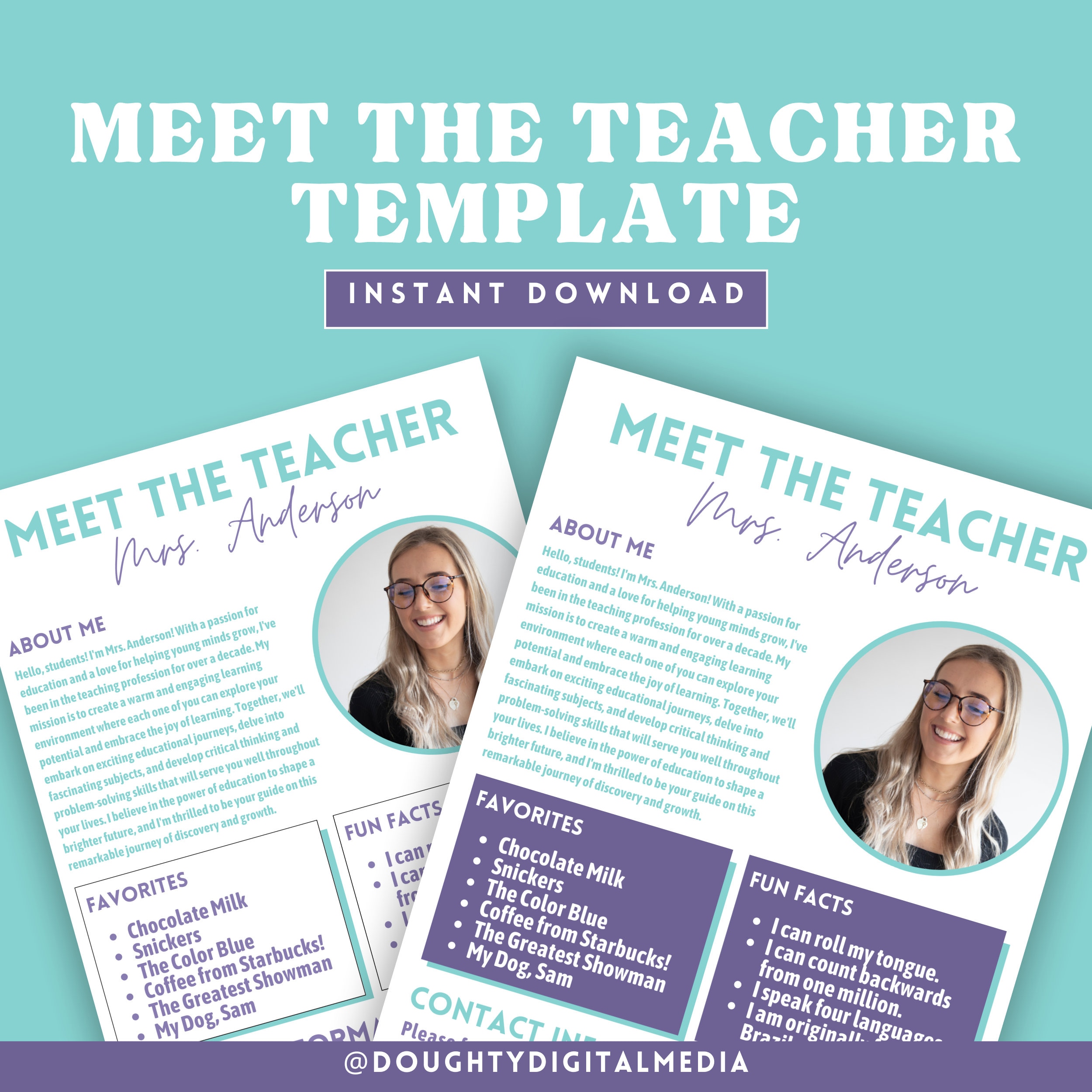 Purple and Teal Meet the Teacher Template,editable Meet the Teacher ...