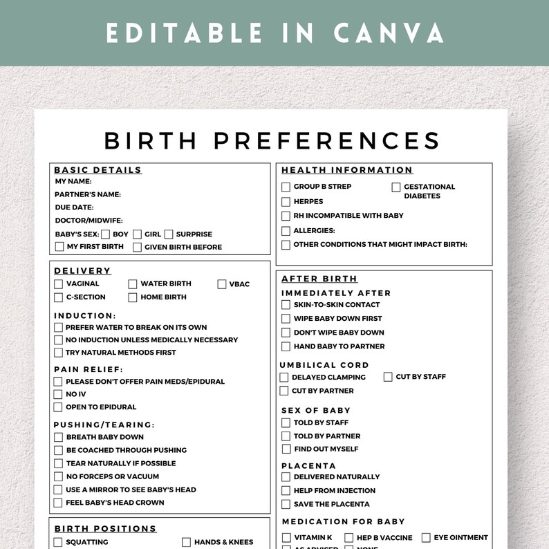 Birth Plan Template Editable Birth Plan Template Printable - Etsy