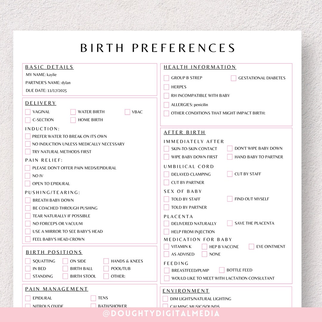 Birth Plan Template Editable Birth Plan Template Printable Birthing ...