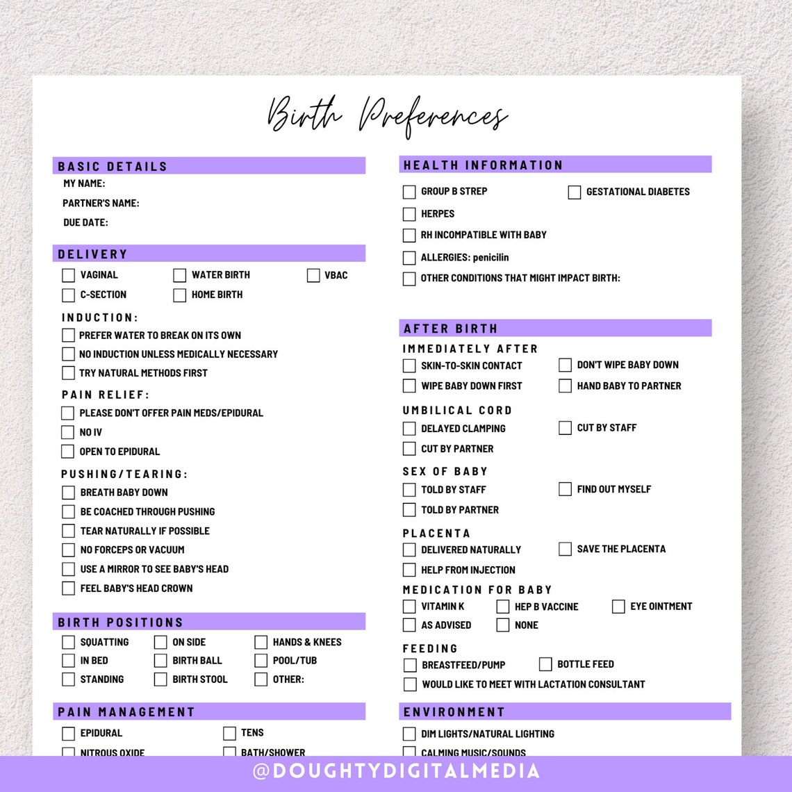 Birth Plan Template Editable Birth Plan Template Printable Birthing ...
