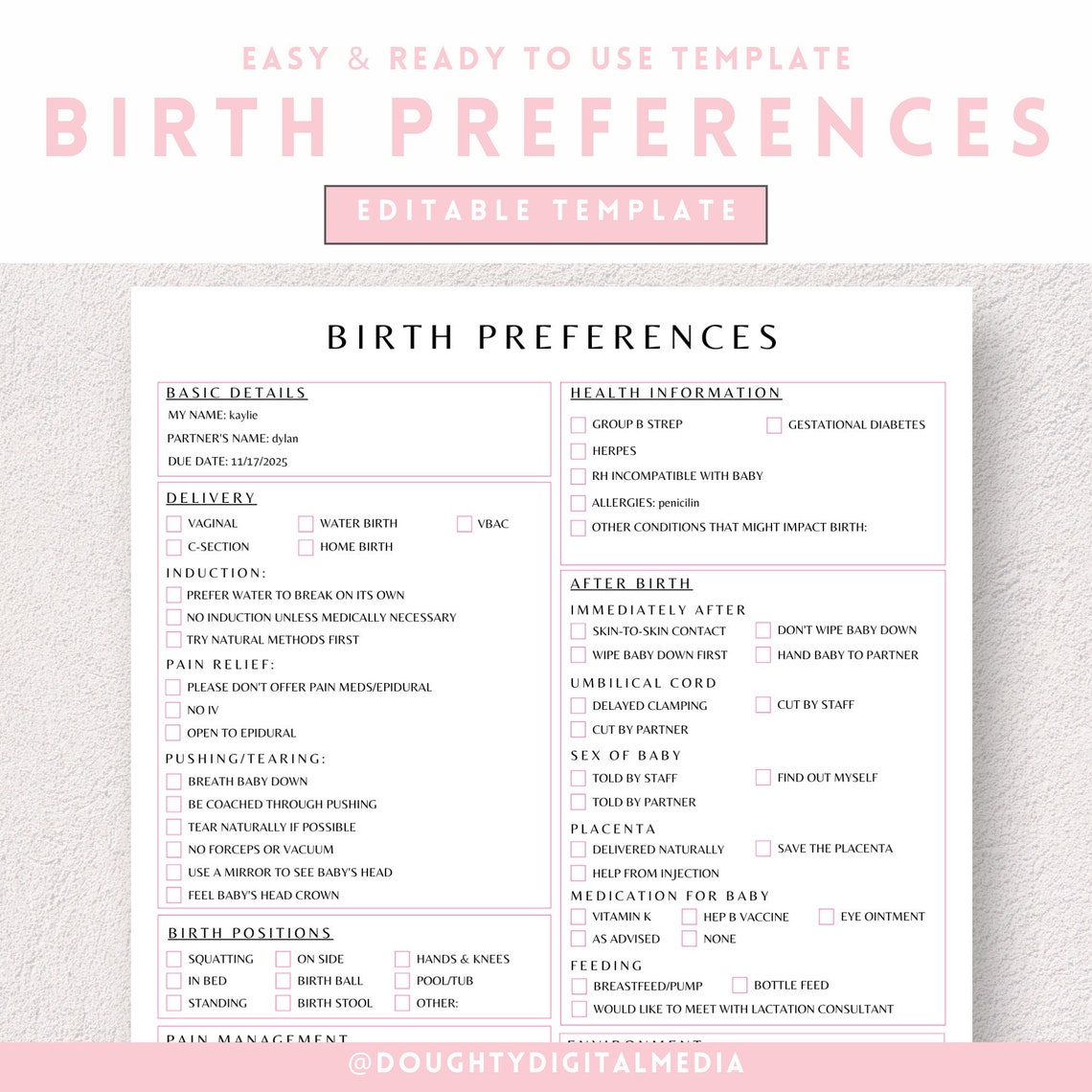 Birth Plan Template Editable Birth Plan Template Printable Birthing ...