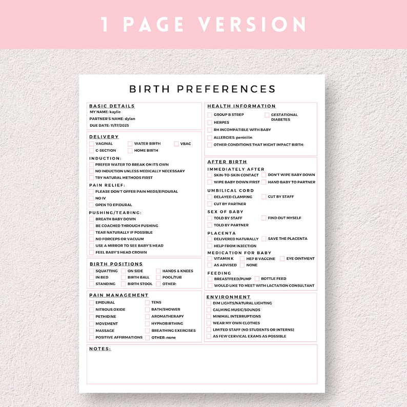 Birth Plan Template Editable Birth Plan Template Printable Birthing ...
