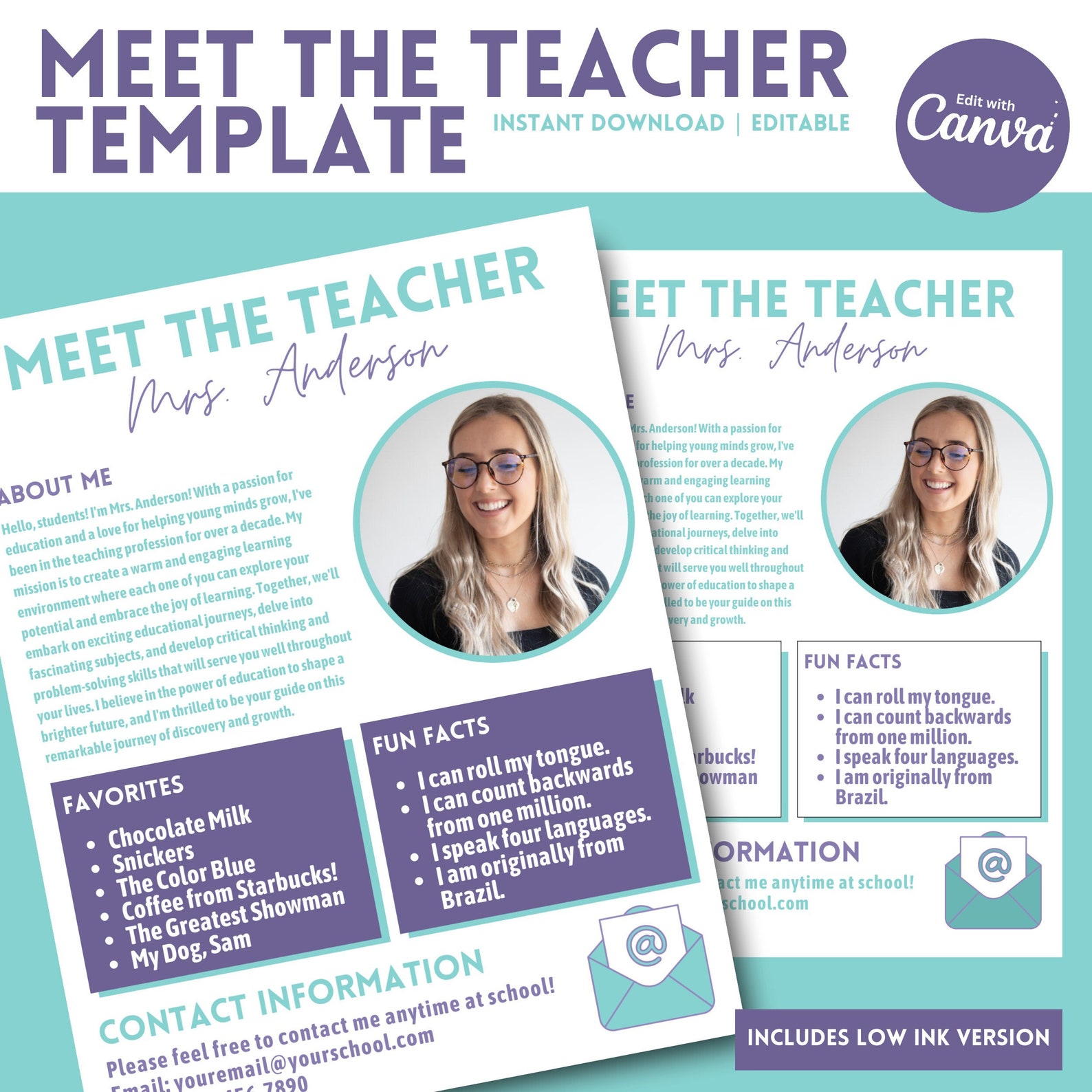 Purple and Teal Meet the Teacher Template,editable Meet the Teacher ...