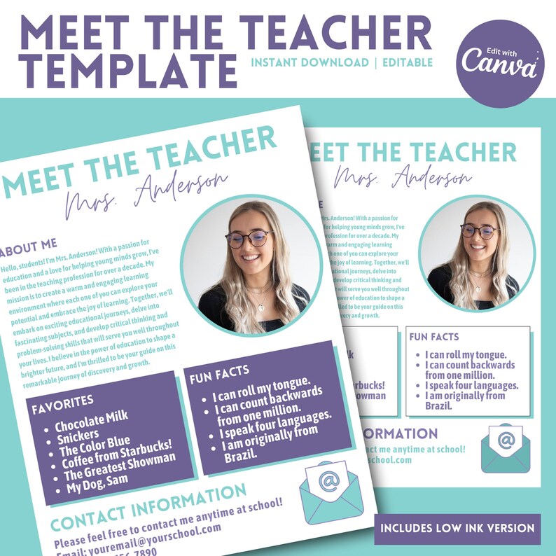 Purple and Teal Meet the Teacher Template,editable Meet the Teacher ...