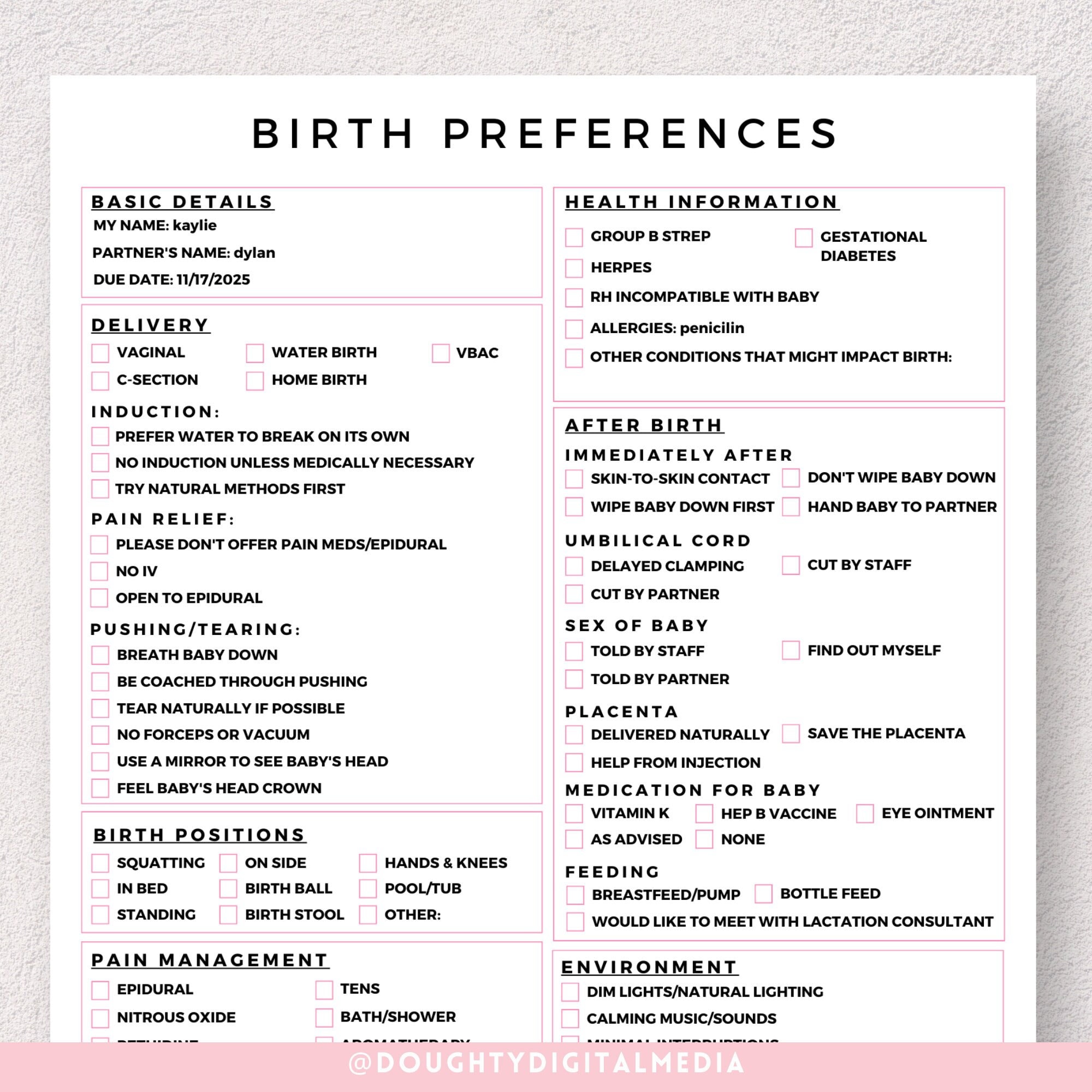 Birth Plan Template Editable Birth Plan Template Printable Birthing ...