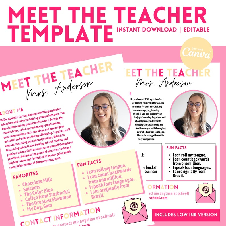 Meet the Teacher Template in Pink Yellow,editable Meet the Teacher ...