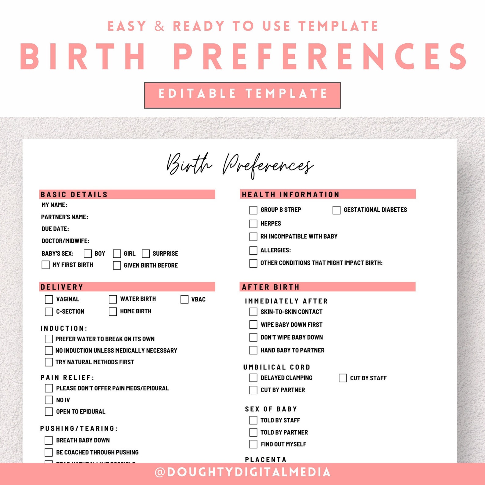 Birth Plan Template Editable Birth Plan Template Printable Birthing ...