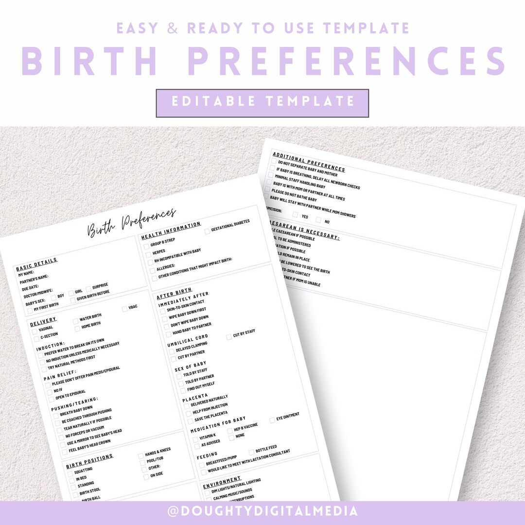 Birth Plan Template | Editable Birth Plan Template | Printable Birthing ...