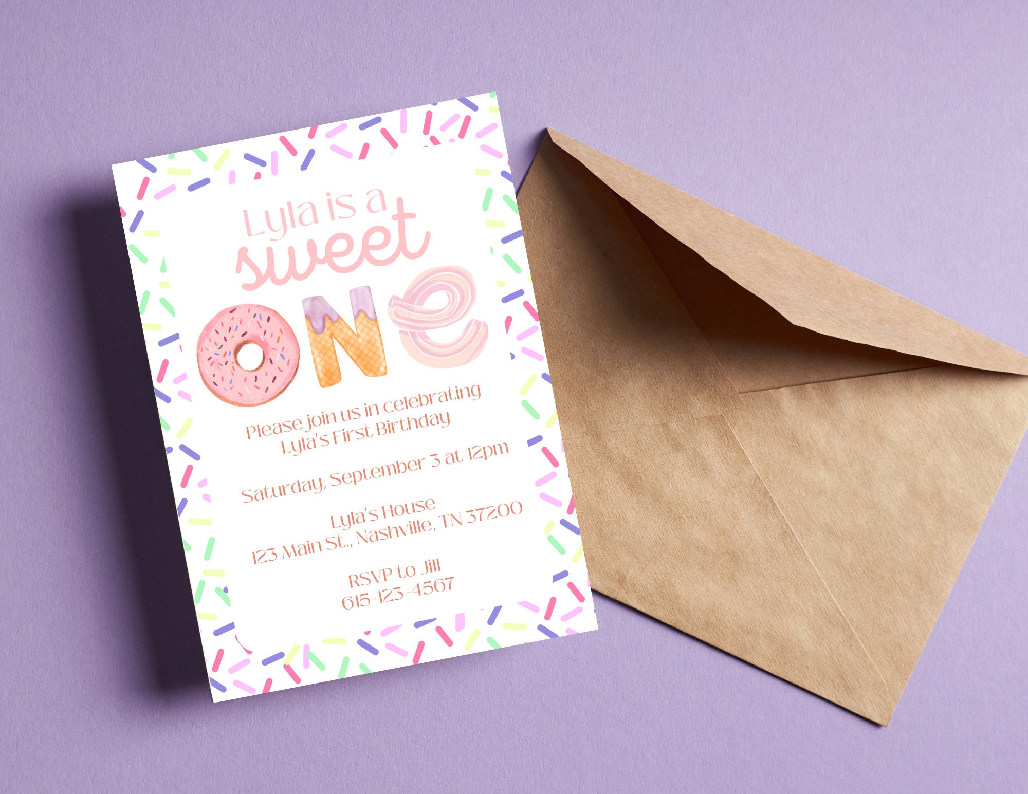 Sweet One First Birthday Invitation, Donut Invitation, Girl Birthday ...
