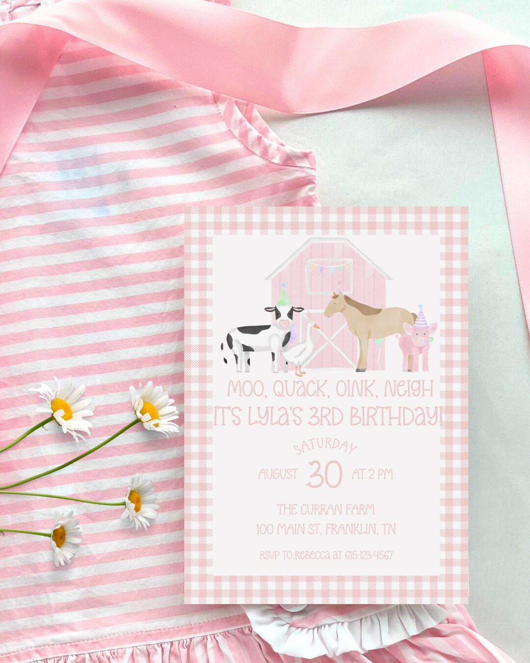 Moo, Quack, Oink, Neigh, Girl Farm Birthday Invitation, Girl Watercolor ...