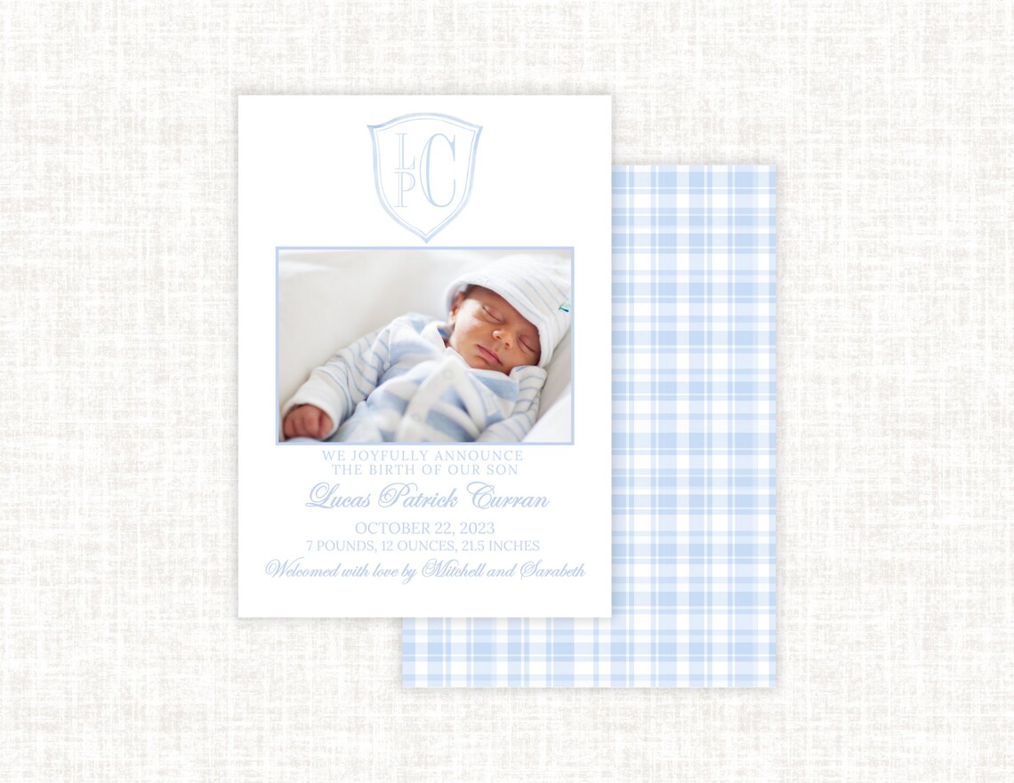 Monogram Crest Baby Birth Announcement, Newborn Baby Boy Announcement ...