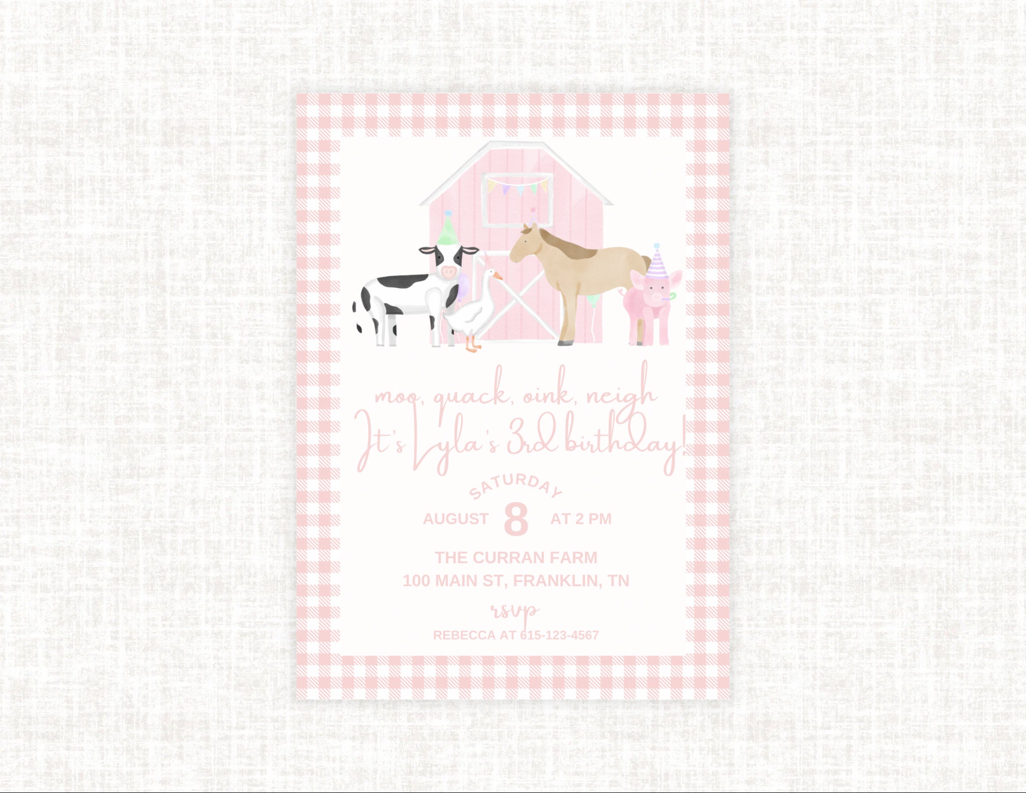 Moo, Quack, Oink, Neigh, Girl Farm Birthday Invitation, Girl Watercolor ...