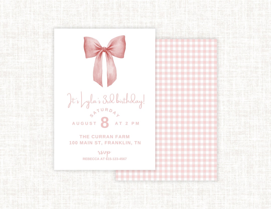 Pink Bow Birthday Party Invitation, Girl Birthday Invitation, Heirloom ...