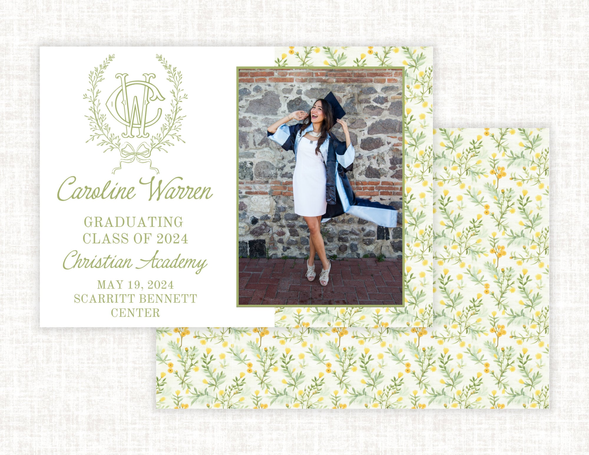 Bow Crest and Floral Graduation Photo Card, Custom Grad Announcement ...