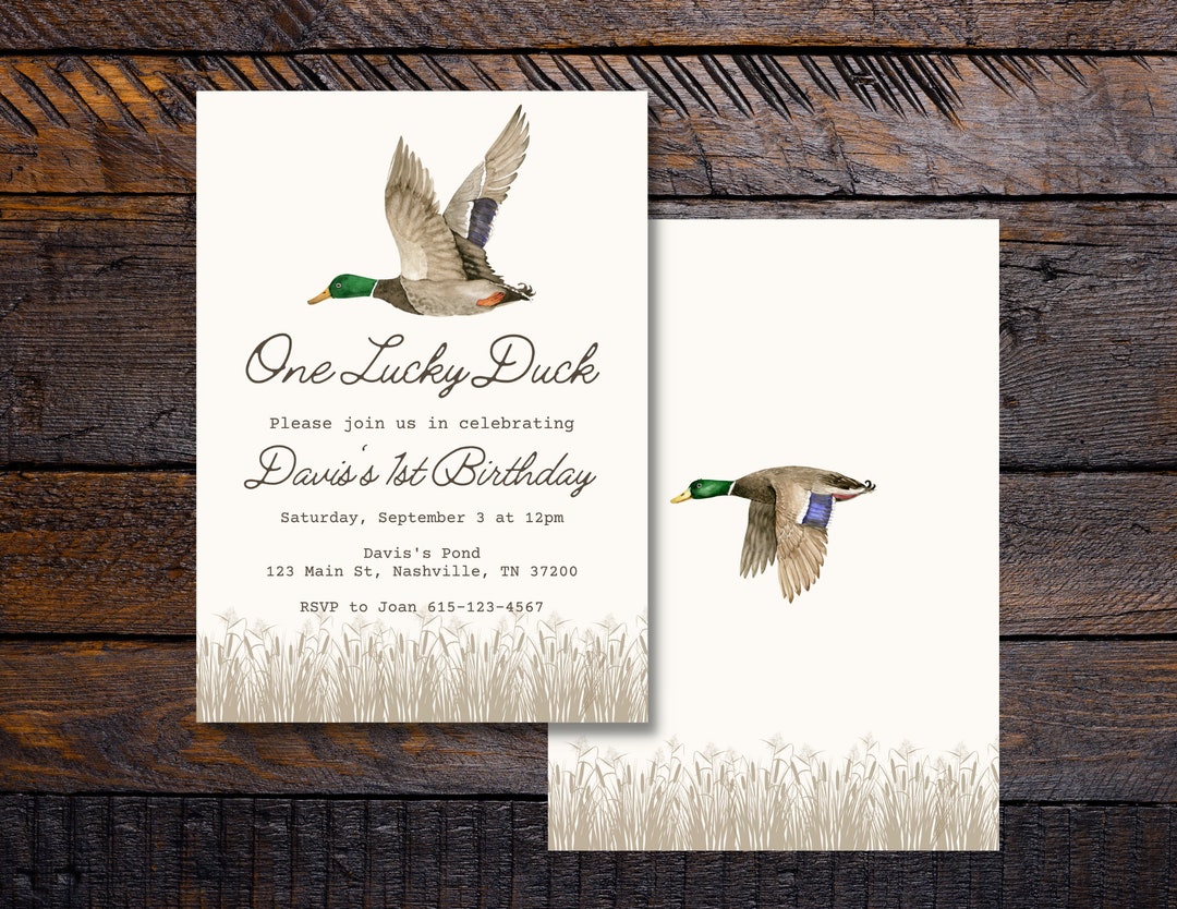 One Lucky Duck First Birthday Invitation, Duck Hunting Invitation, Boy ...