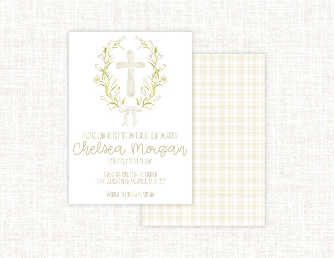 Classic Floral Cross Baptism Christening Invitation, Watercolor Baby ...