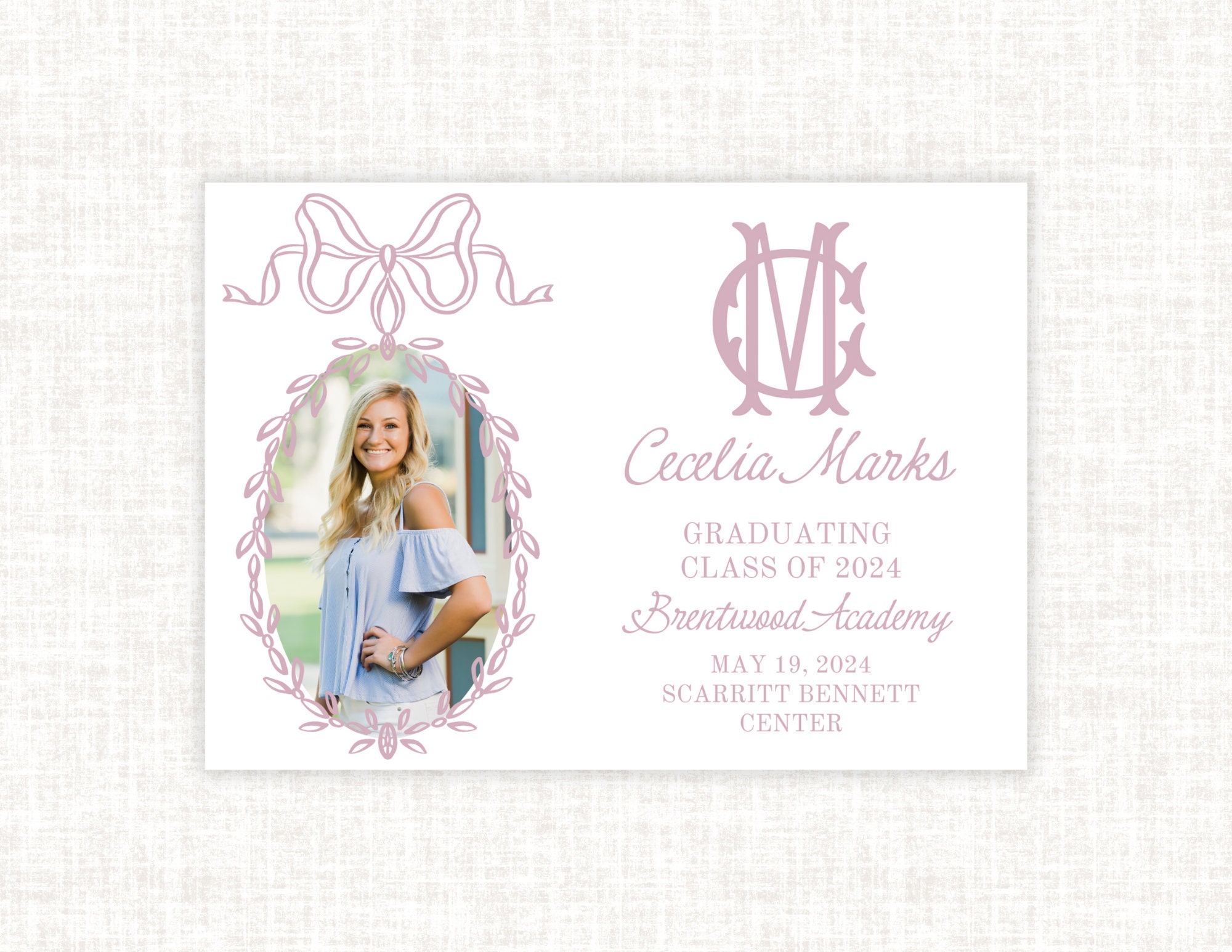 Bow Monogram Graduation Photo Card, Custom Grad Announcement Picture ...