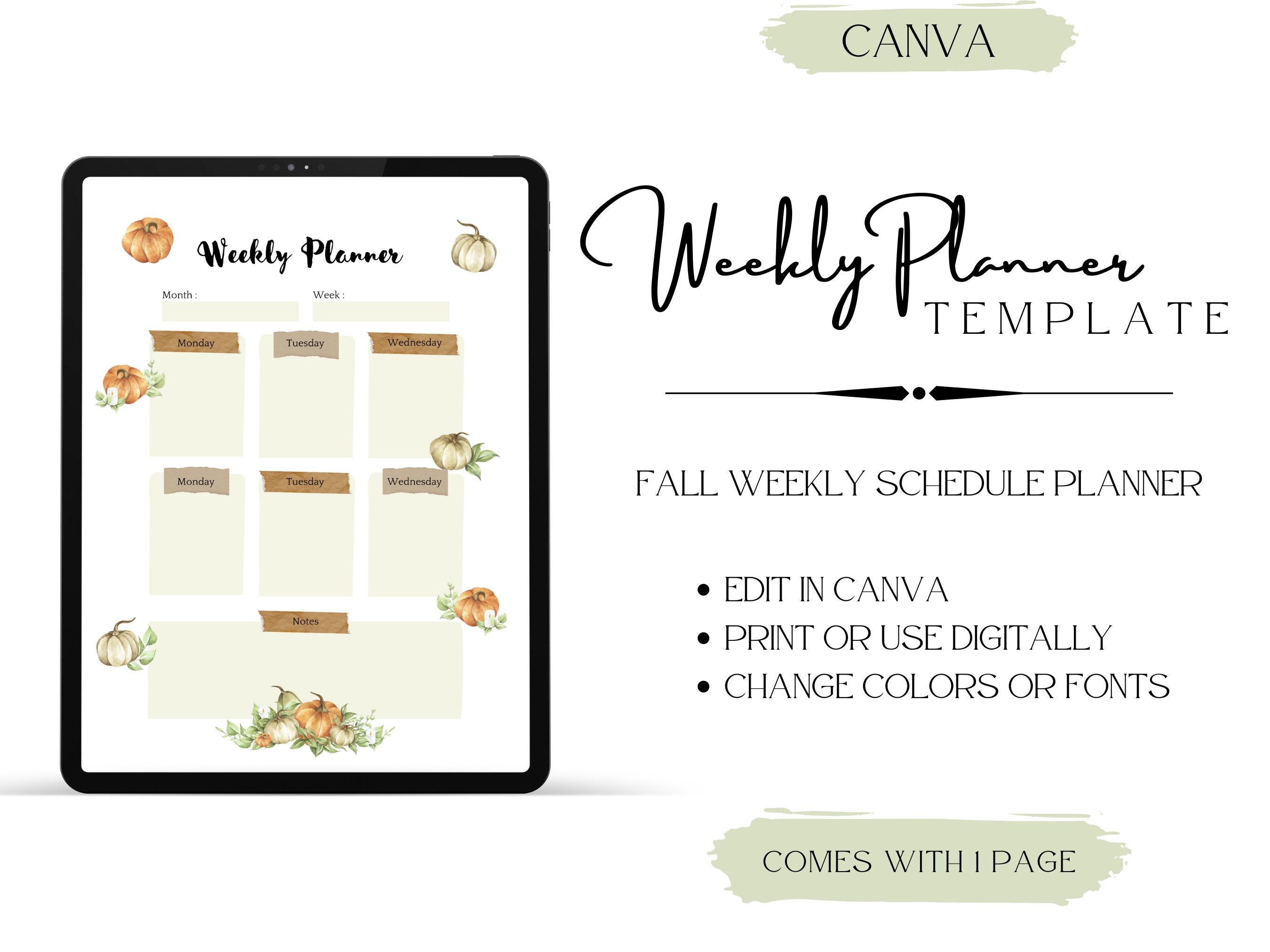 Fall - Pumpkin - Digital Planner Template - Canva - Etsy