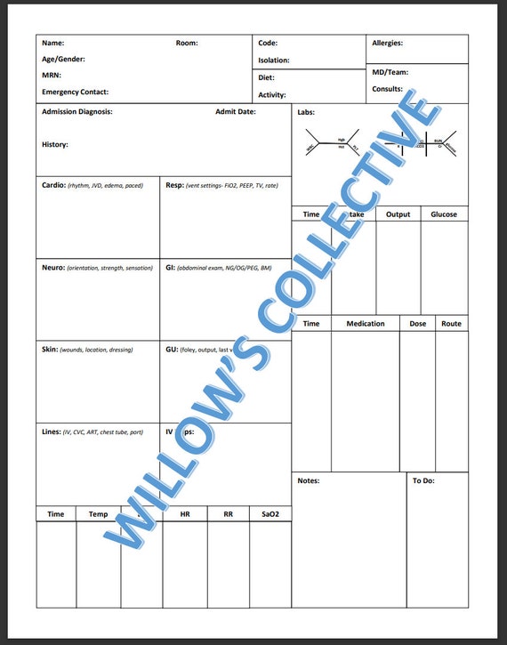 ICU / PCU Nursing Report Sheet Nurse Report Sheet Nurse - Etsy