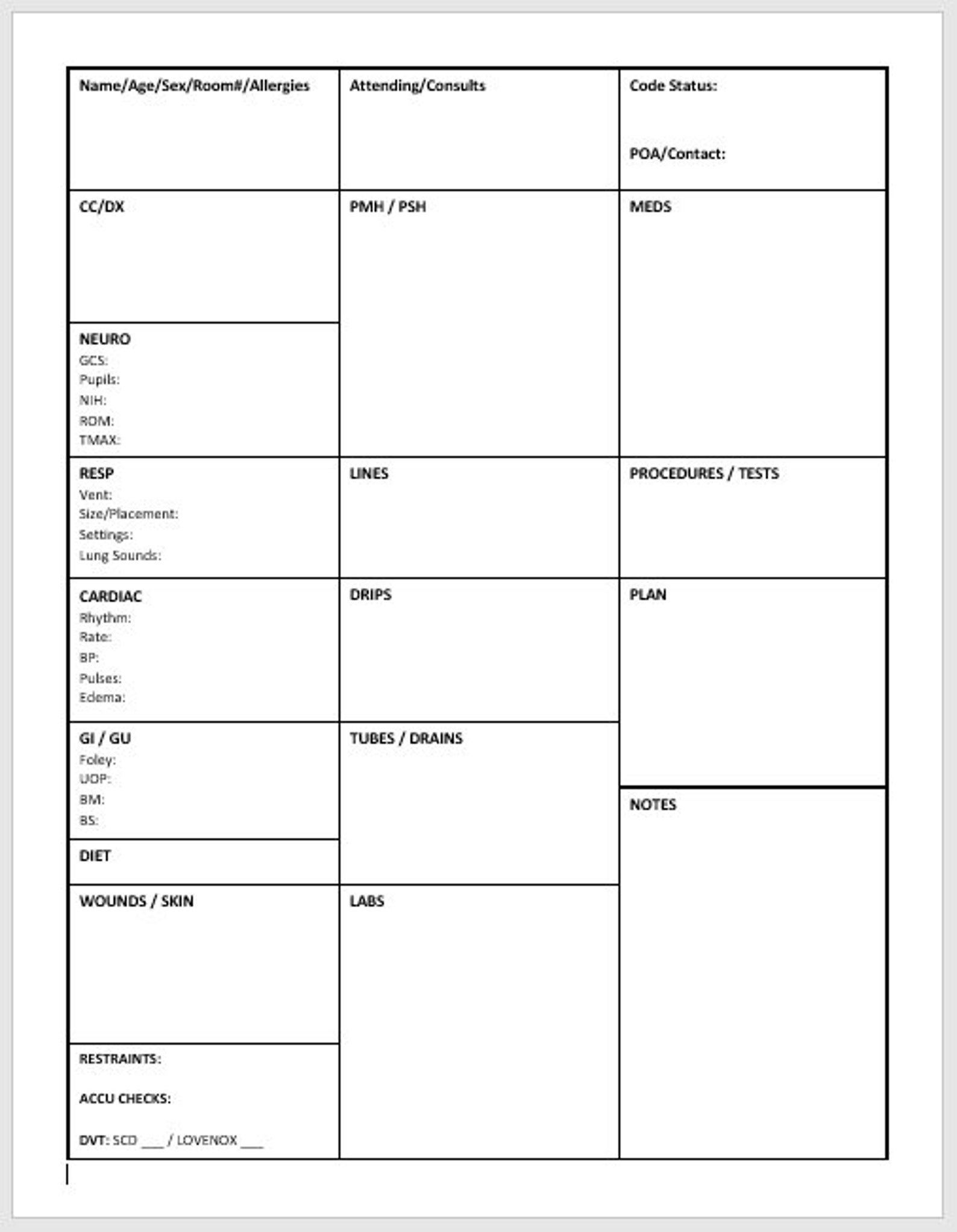 ICU RN Nurse Report Sheet, Intensive Care Unit RN Nursing Report Sheet ...