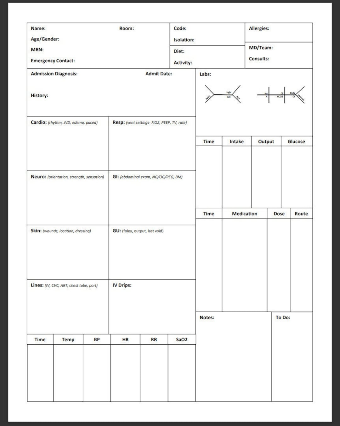 ICU / PCU Nursing Report Sheet, Nurse Report Sheet, Nurse Brain - Etsy