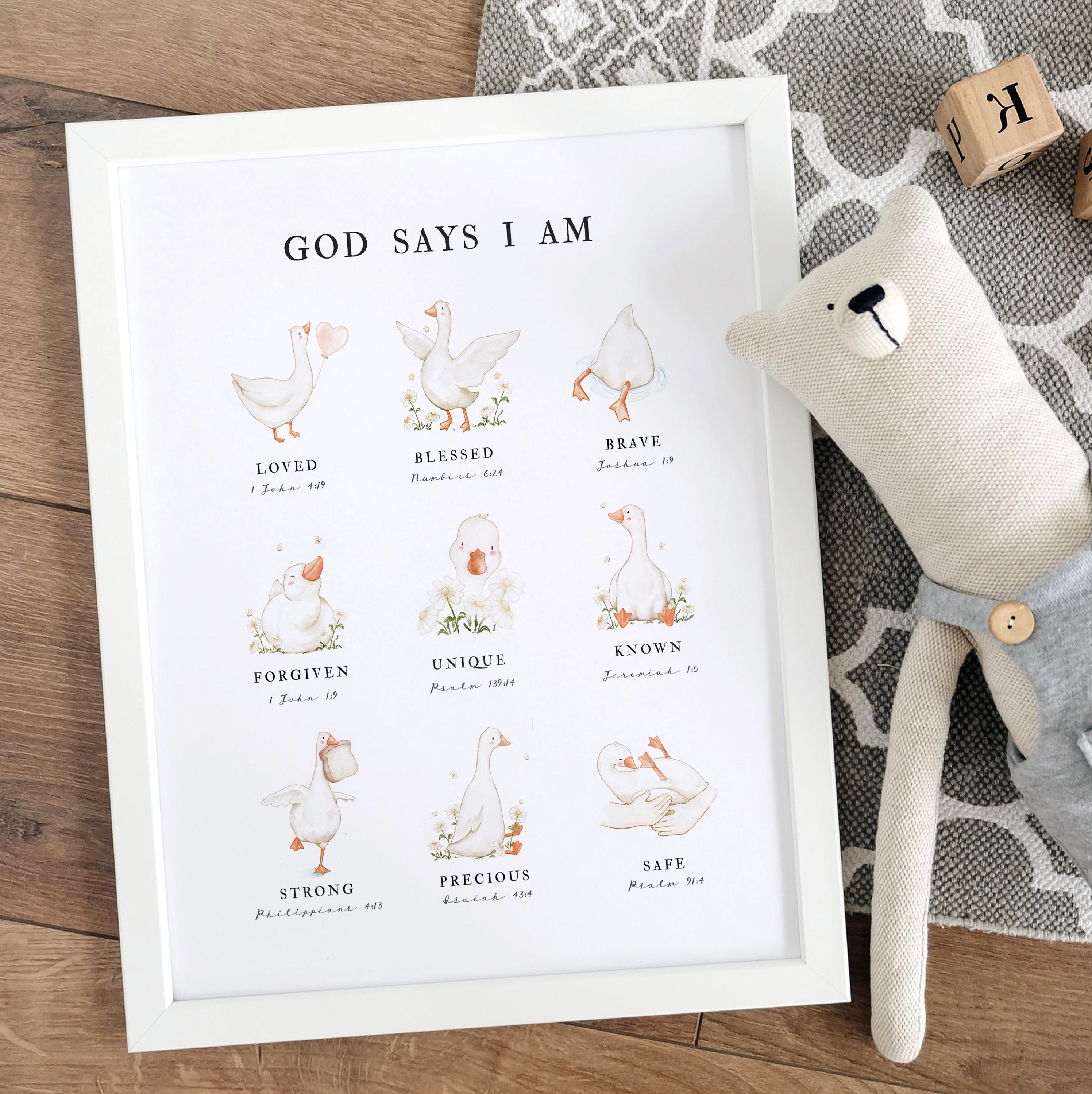 God Says I Am, Silly Goose Poster, Affirmation Wall Art for Kids, Bible ...