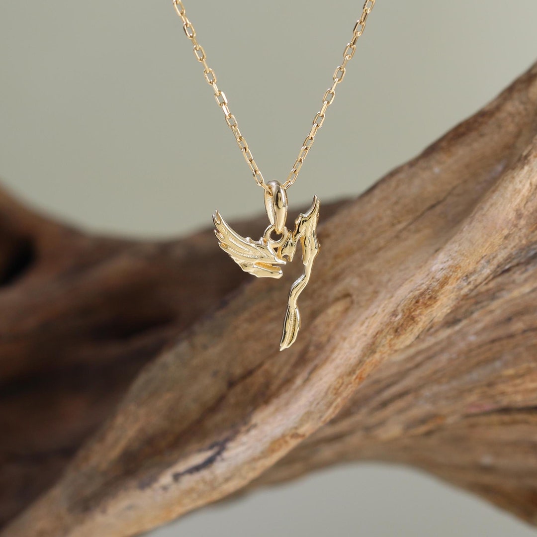 14K Solid Gold Bird Shaped Pendant Necklace, Solid Gold Phoenix ...