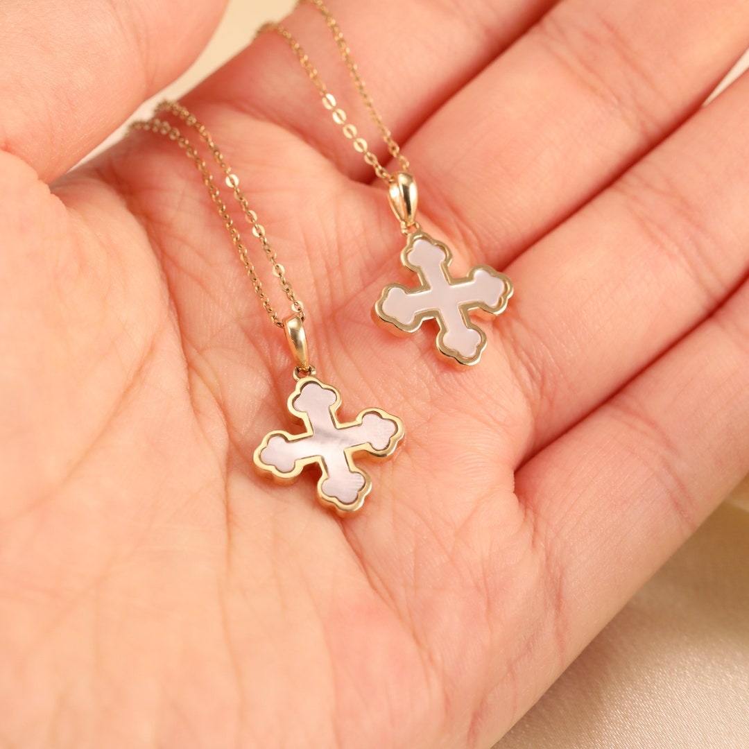14k Solid Gold MOP Cross Pendant Necklace Four-leaf Clover Pendant ...