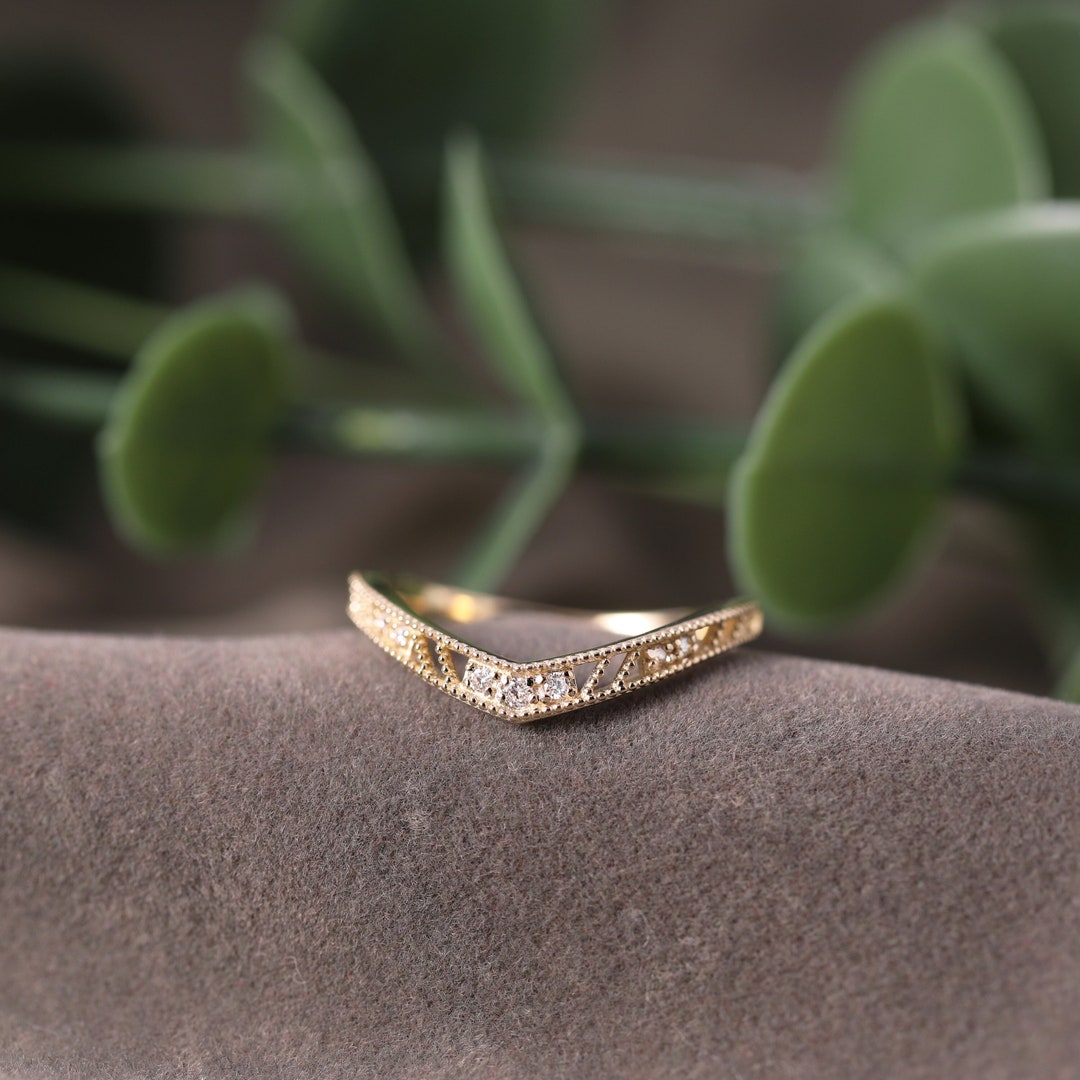 14K Solid Gold Chevron Wedding Band Cubic Ring ,14k Solid Gold Wedding ...