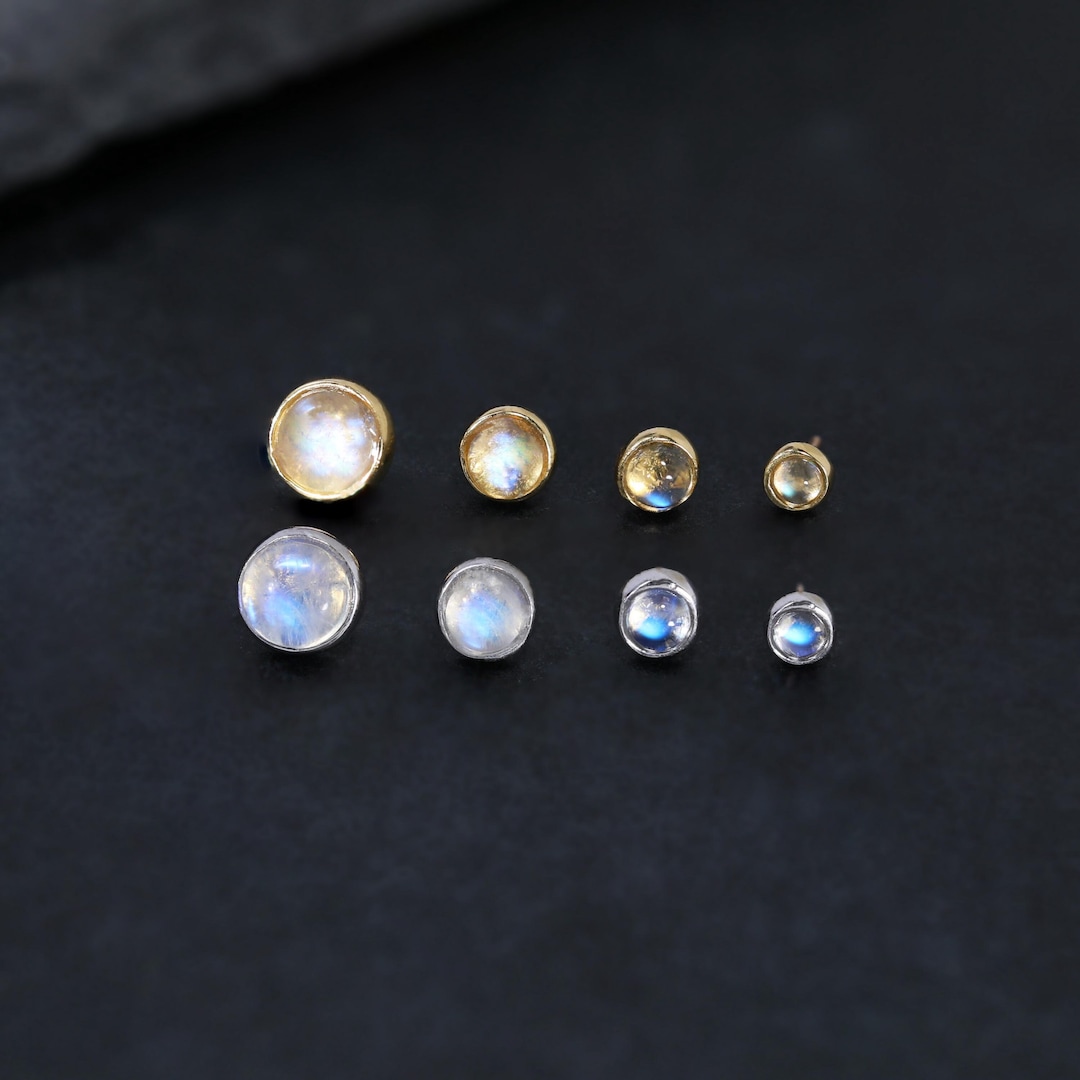 14K Gold Plated Dainty Moonstone Threadless Pin Stud Earring, 925 ...