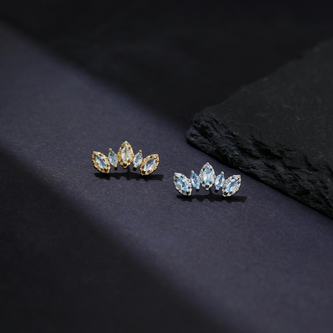 14K Gold Plated Blue Topaz Climber Stud Earring, 925 Sterling Silver ...