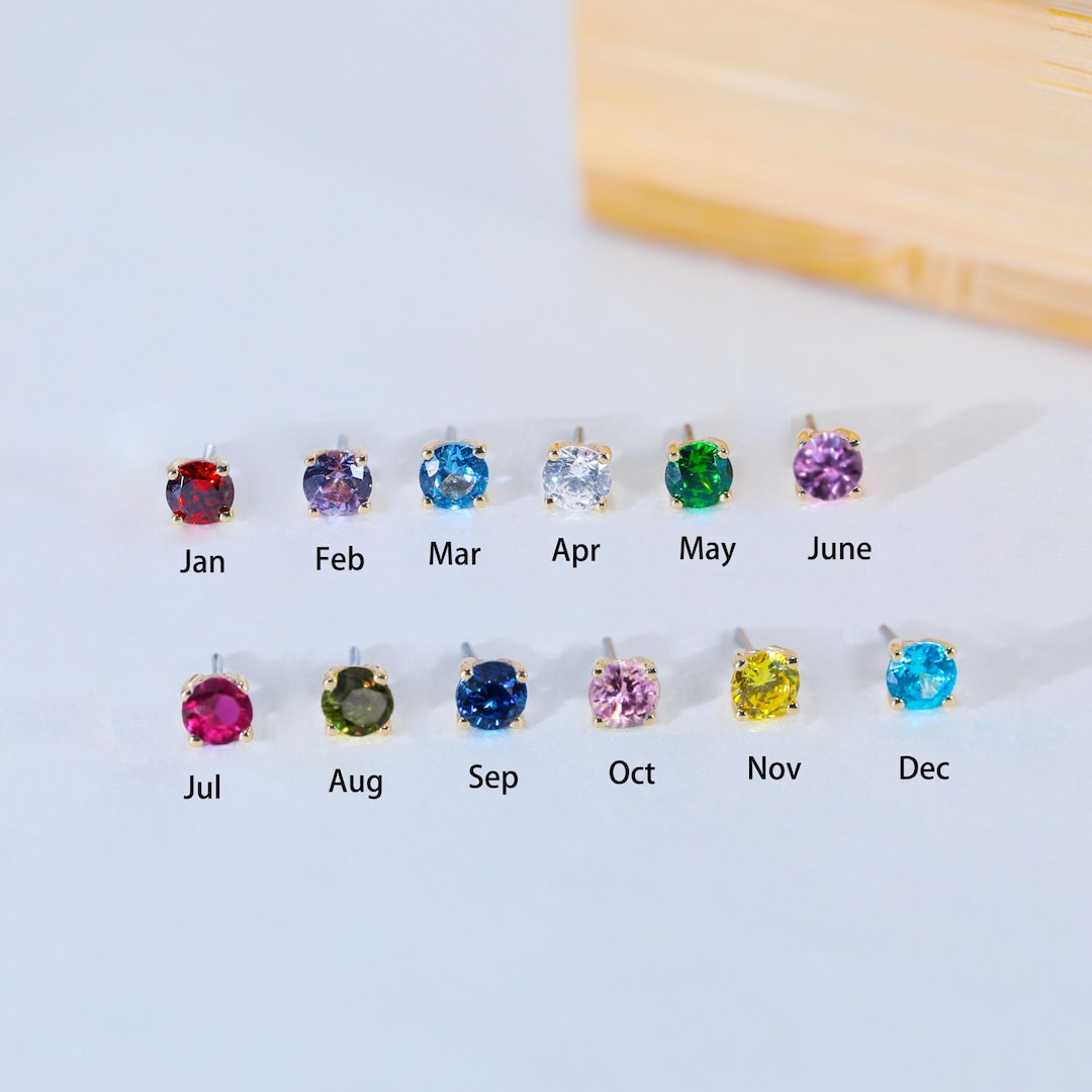 14K Solid Gold Birthstone Stud Earring, Birthstone Cartilage Piercing ...