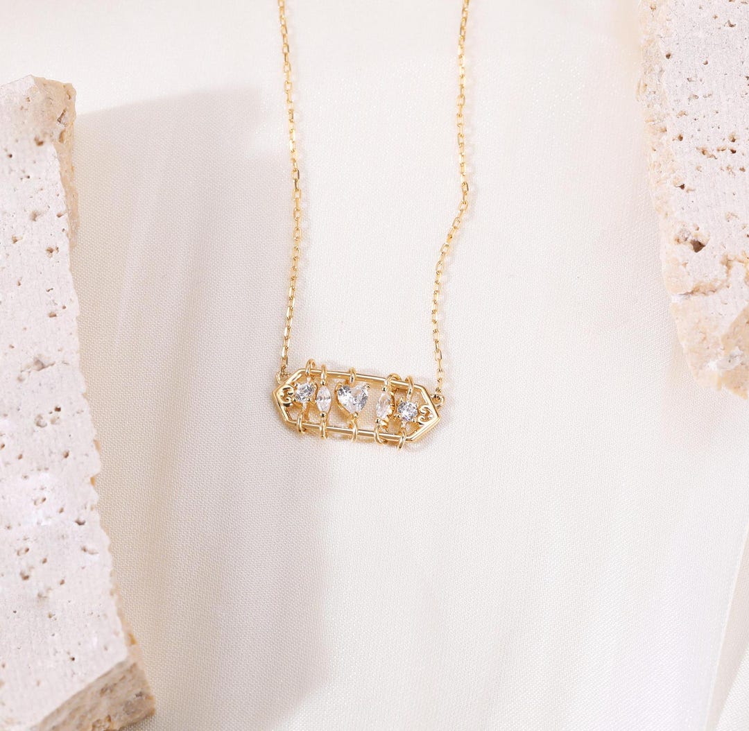 14K Solid Gold Movable Diamond Necklace, Solid Gold Dainty Cubic ...