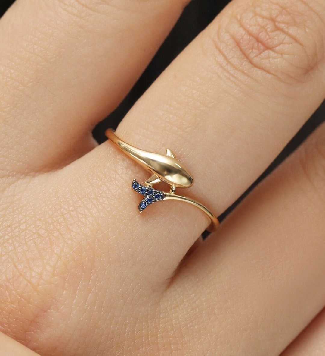 14K Solid Gold Dolphin Ring, Dainty Gold Dolphin Band, Tiny Stacking ...