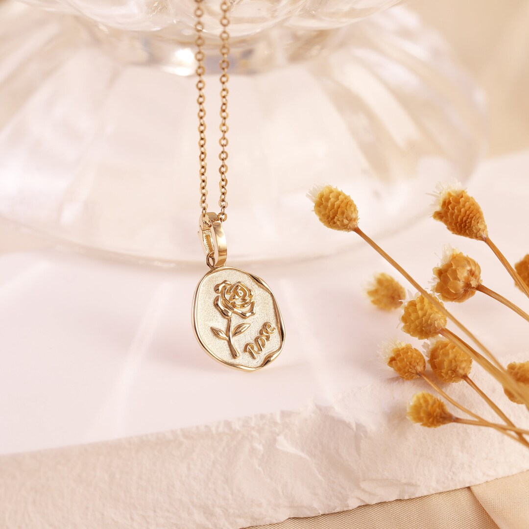 14K Solid Gold Rose Charm Pendant ,flower Pendant Necklace, Rose Charm ...