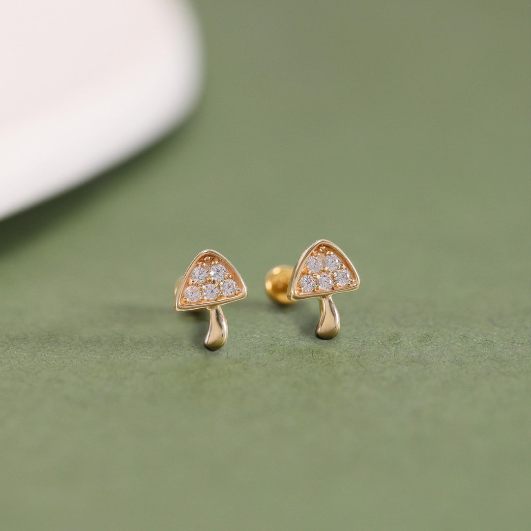 14K Solid Gold Tiny Mushroom Shaped Stud Earring, Solid Gold Cubic ...
