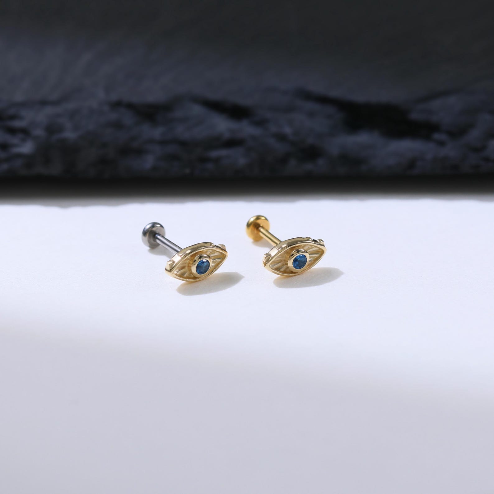 14K Solid Gold Evil Eye Blue Diamond Helix Piercing Earring, Solid Gold ...