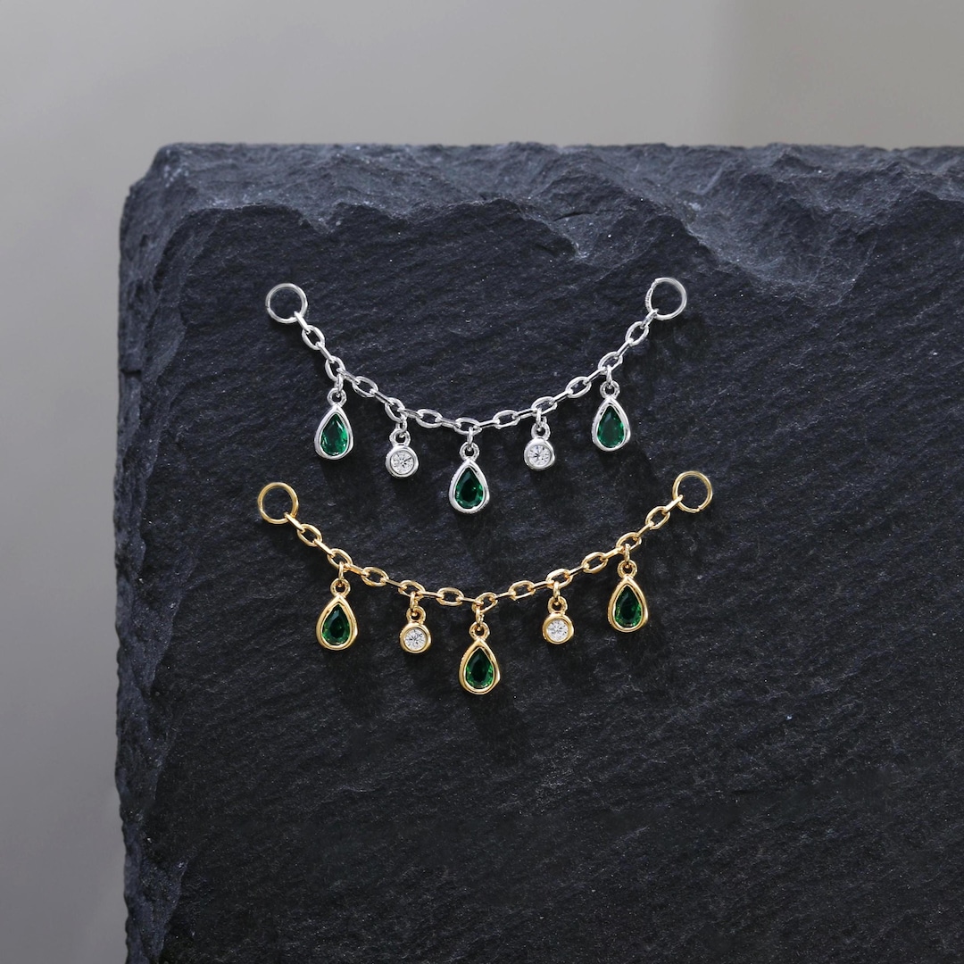 Round & Dewdrop Gemstone Dangle Nose Chain, Dainty 925 Silver CZ Conch ...