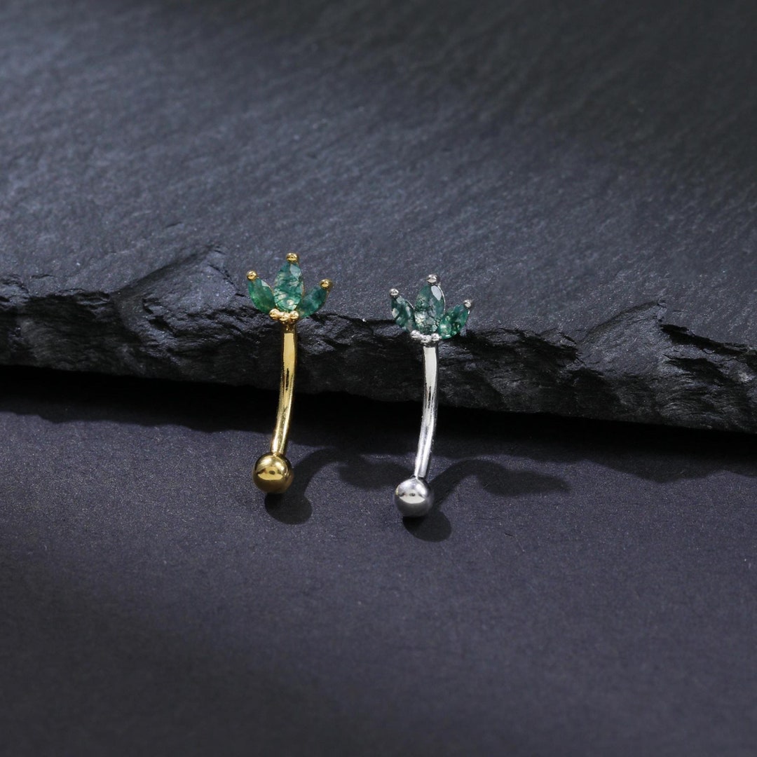 14K Gold Plated Moss Agate Rook Piercing Ring, 925 Sterling Silver ...