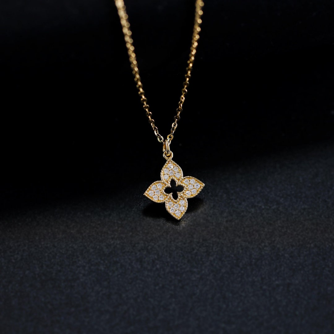 14K Solid Gold Four Leaf Clover Pendant ,flower Pendant Necklace, Gold Diamond Charm, 14K Flower ...