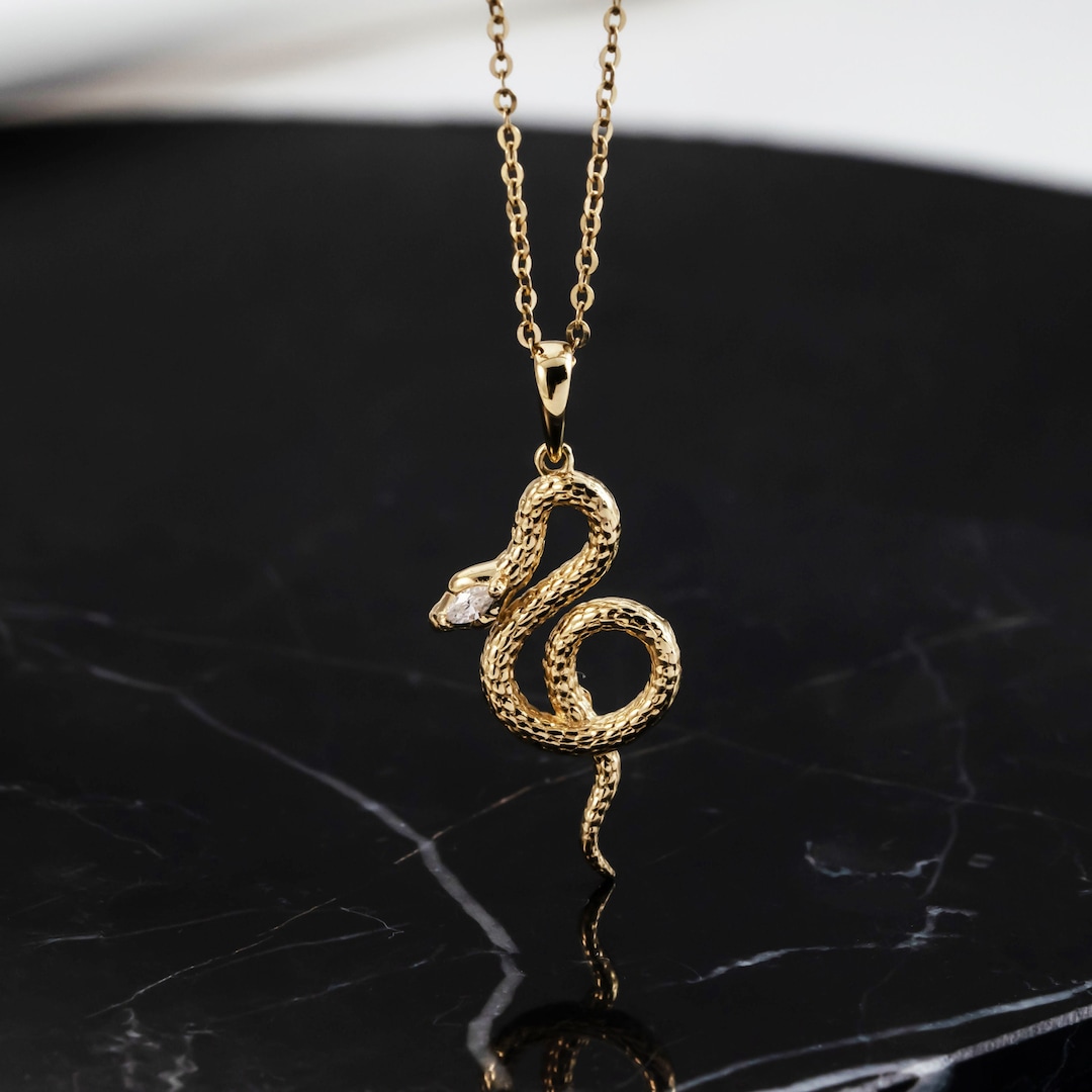 14K Solid Gold Snake Pendant Necklace Serpent Charm Moissanite Necklace ...